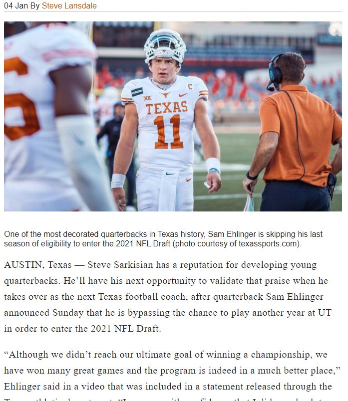 Article on Sam Ehlinger to draft - Horns Illustrated
