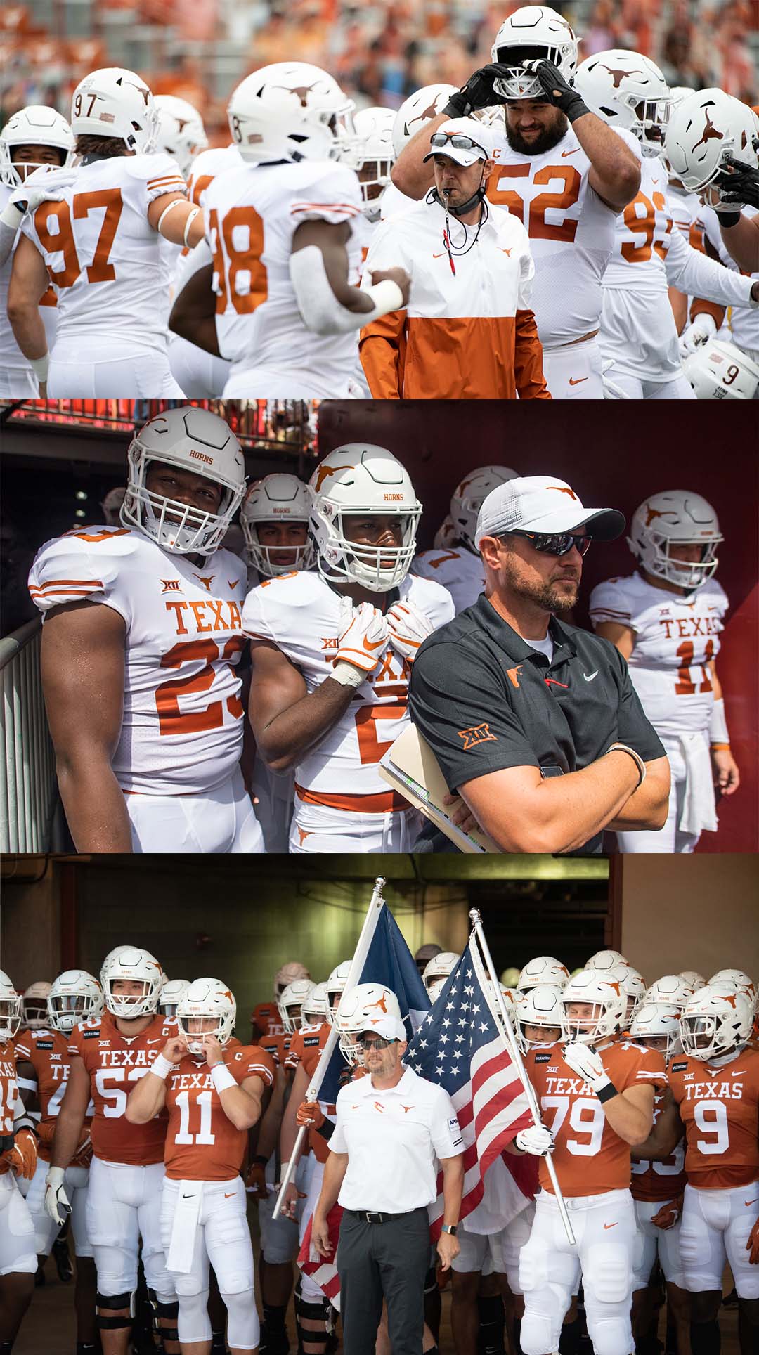 Tom Herman with players - Horns Illustrated